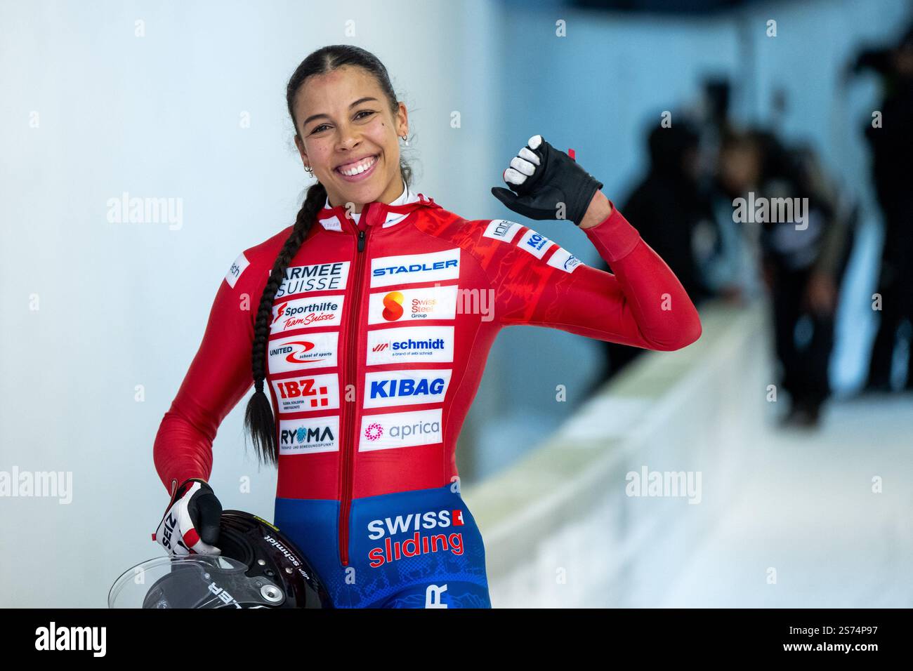 Melanie Hasler (Schweiz) lacht im Ziel, AUT, IBSF Bob Weltcup Innsbruck - Igls, Rennen Zweierbob ...