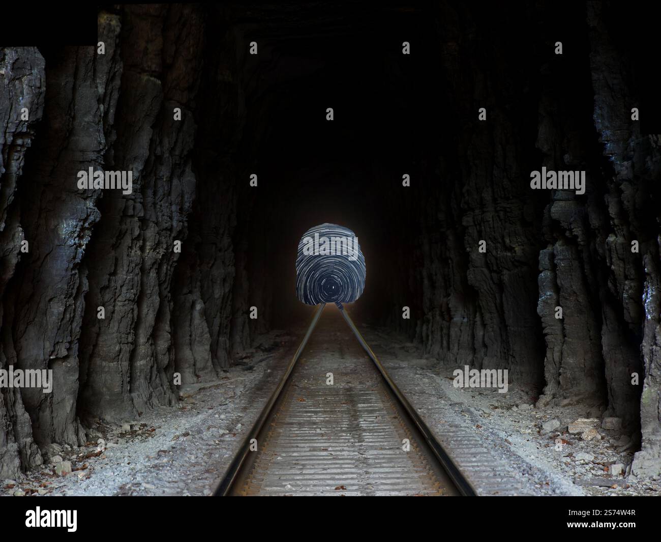 Railroad rock tunnel into the swirling void of space, stars. Composite ...