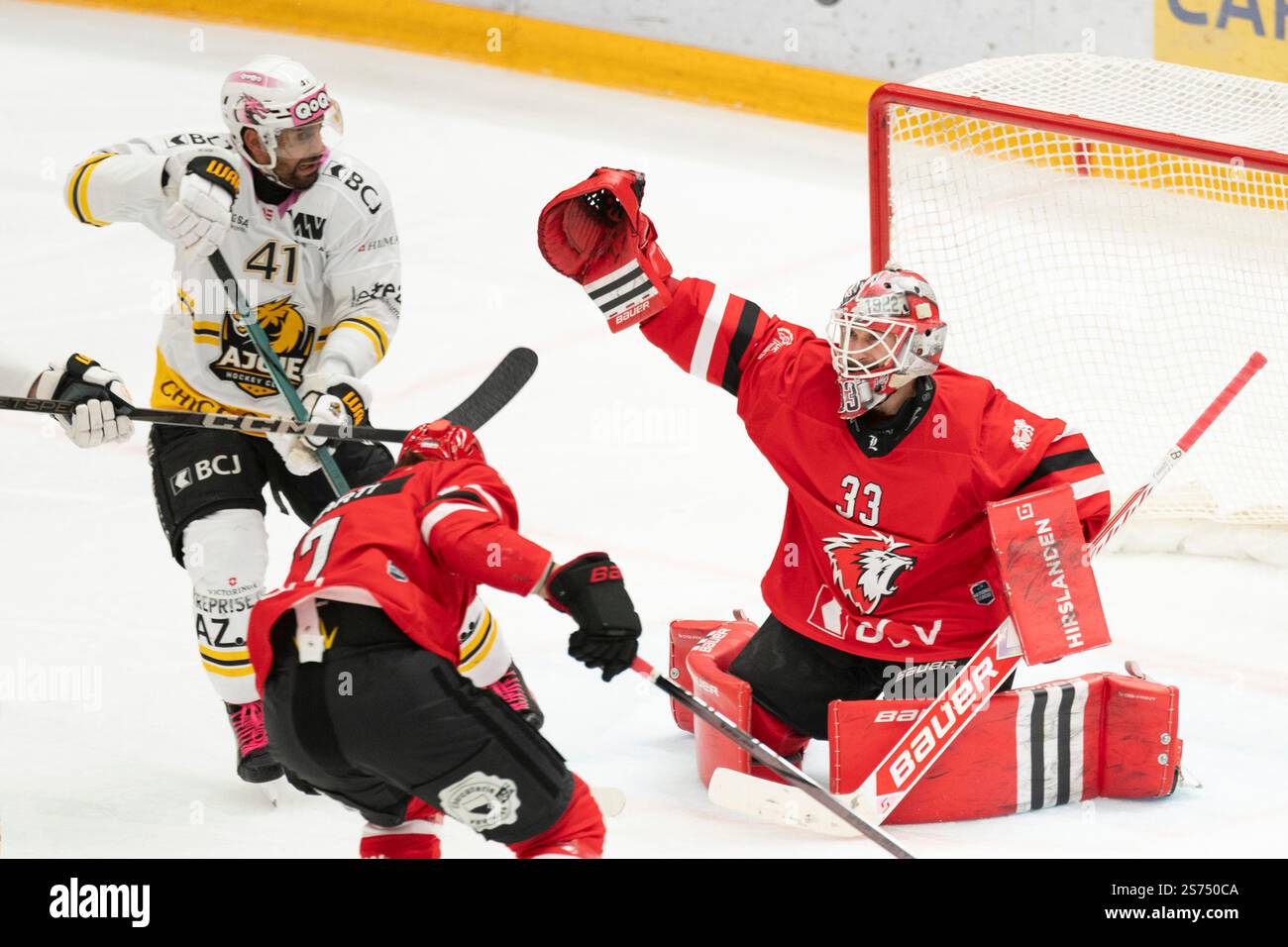 Lausanne, Switzerland. , . Kevin Pasche (goalkeeper) of Lausanne HC #33 ...