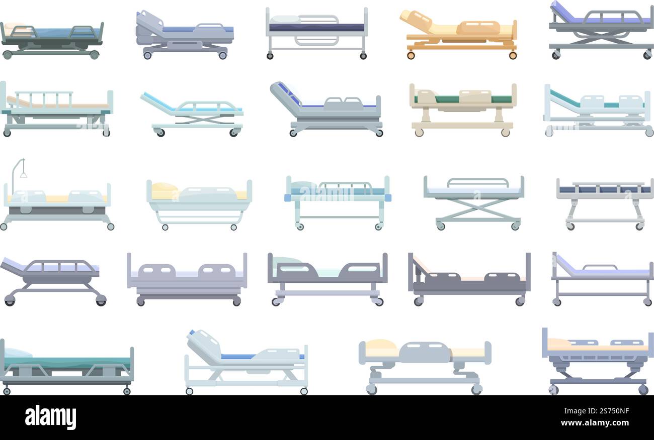 Hospital bed icons set cartoon vector. Patient mattress. Medical ...