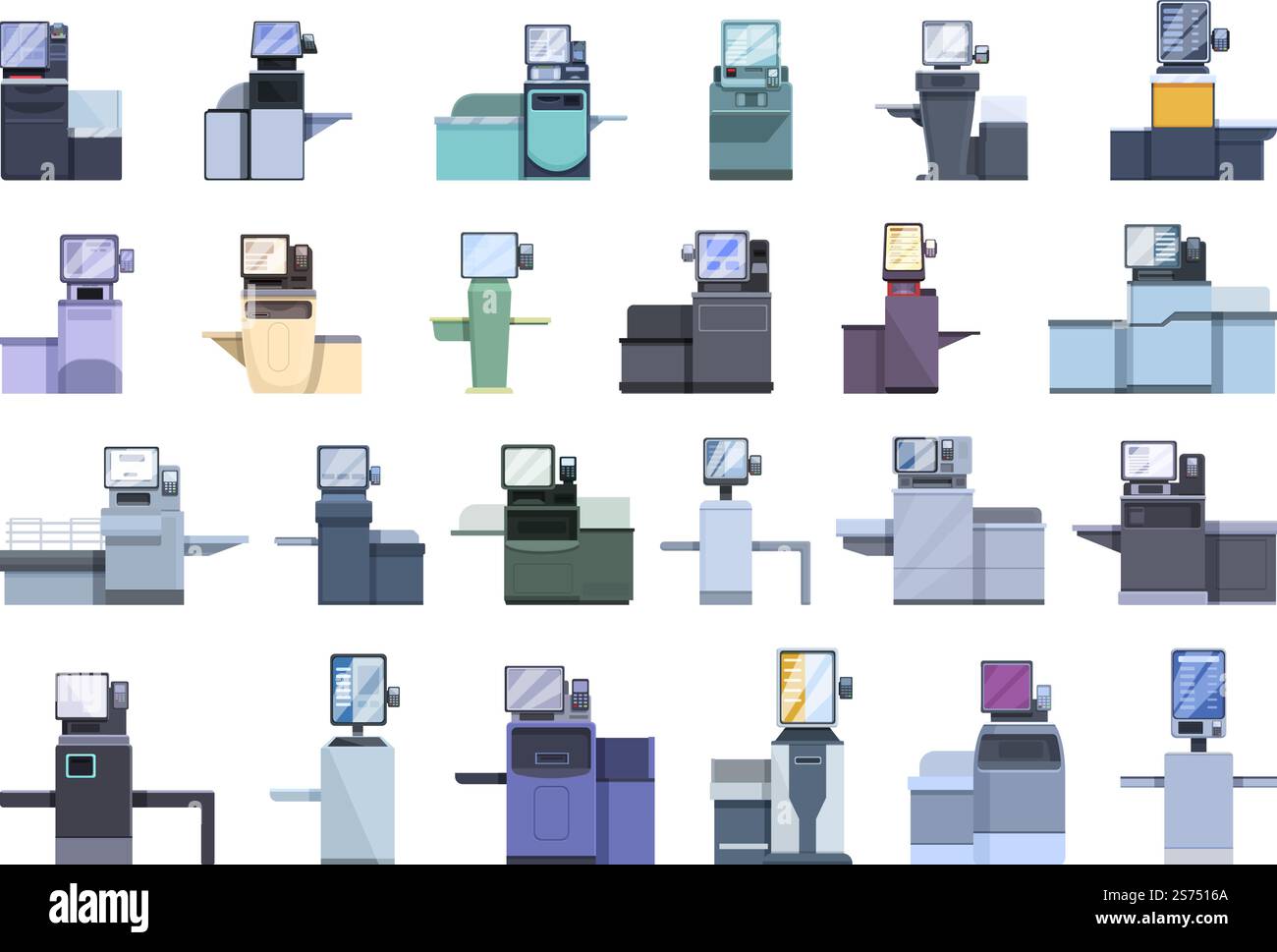 Self-service at the checkout icons set cartoon vector. Cash scan. Cashier terminal. Self-service ...