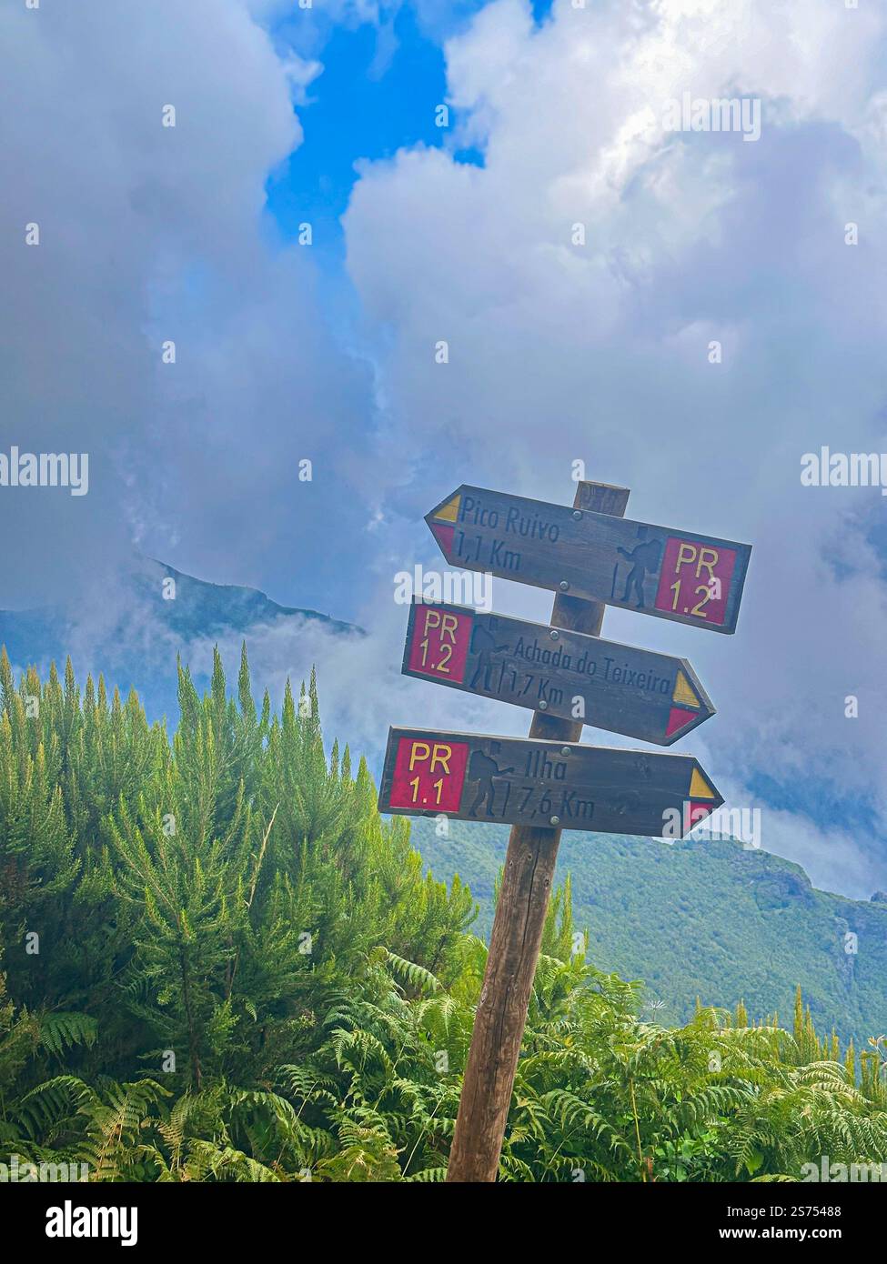Madeira island PR1 Pico do Arieiro hiking trail sign famous place road ...
