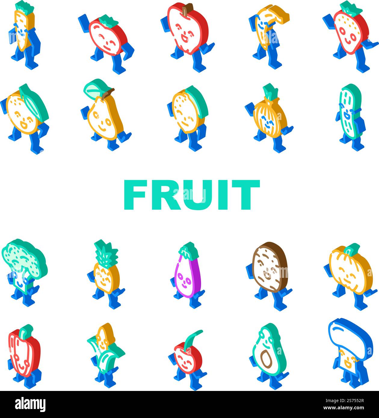fruit vegetable character food icons set vector. paper work ...