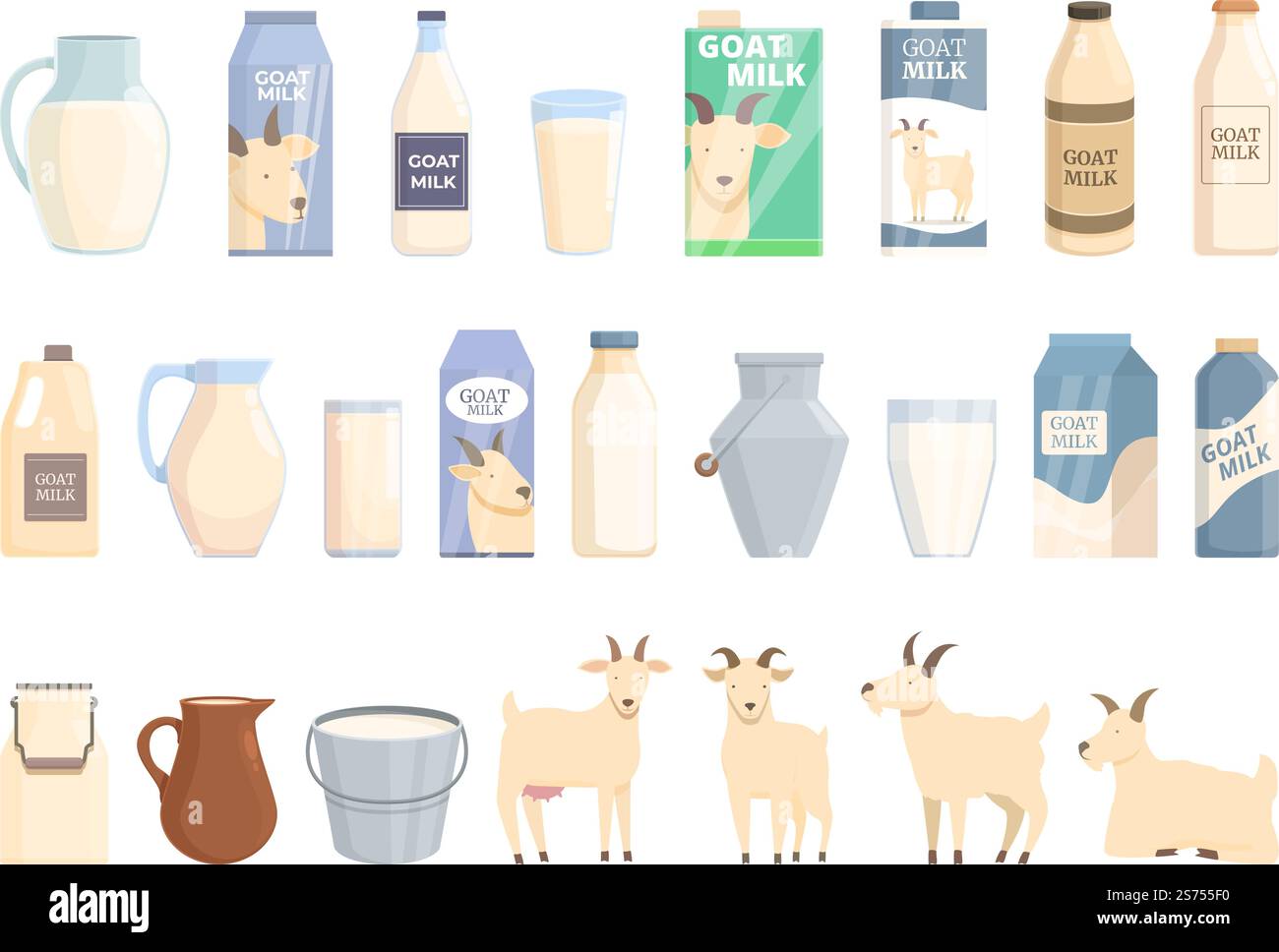 Goat milk icons set cartoon vector. Beverage box. Farm goat. Goat milk ...