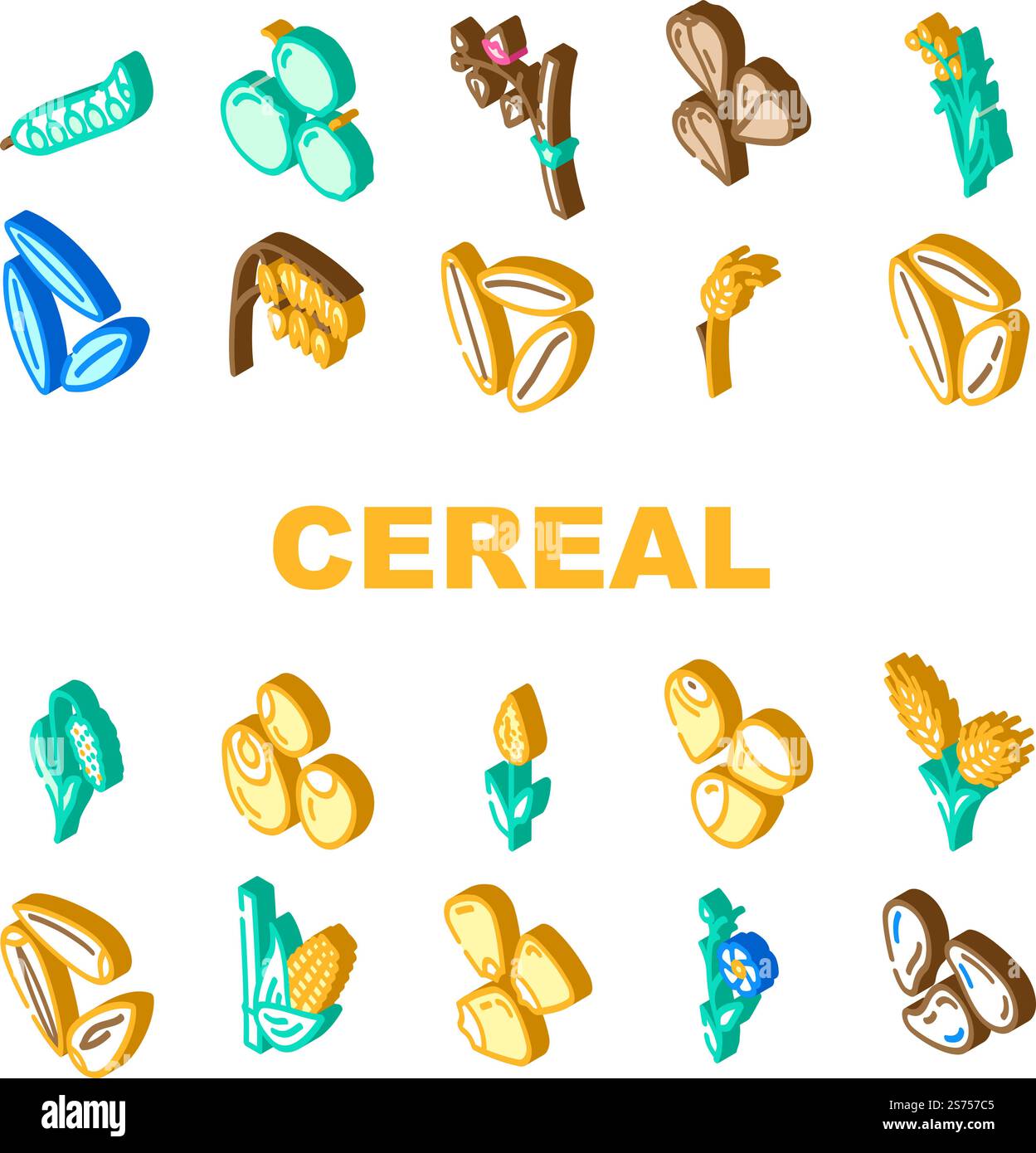 cereal plant healthy food icons set vector. breakfast bowl, milk corn ...