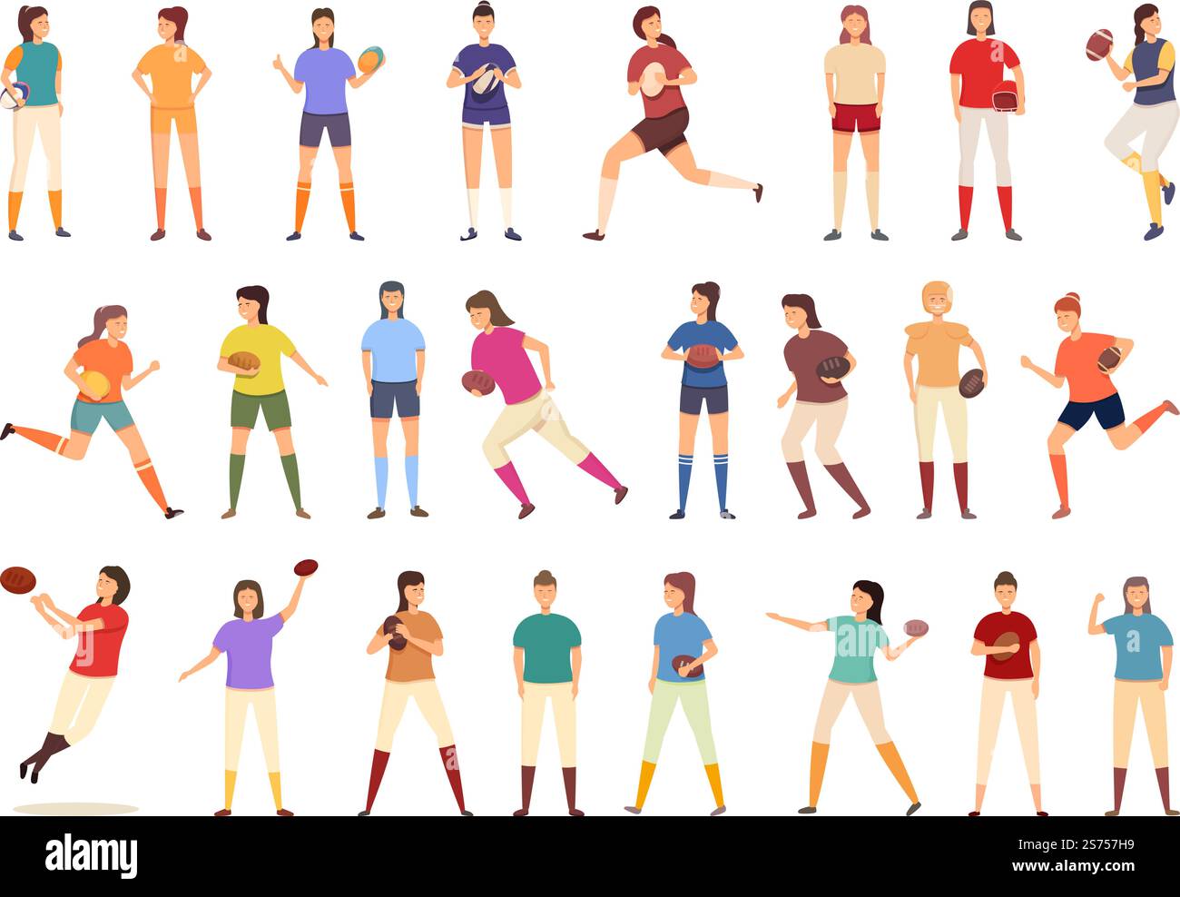 Woman Rugby Player icons set cartoon vector. Football girl. Sport team ...