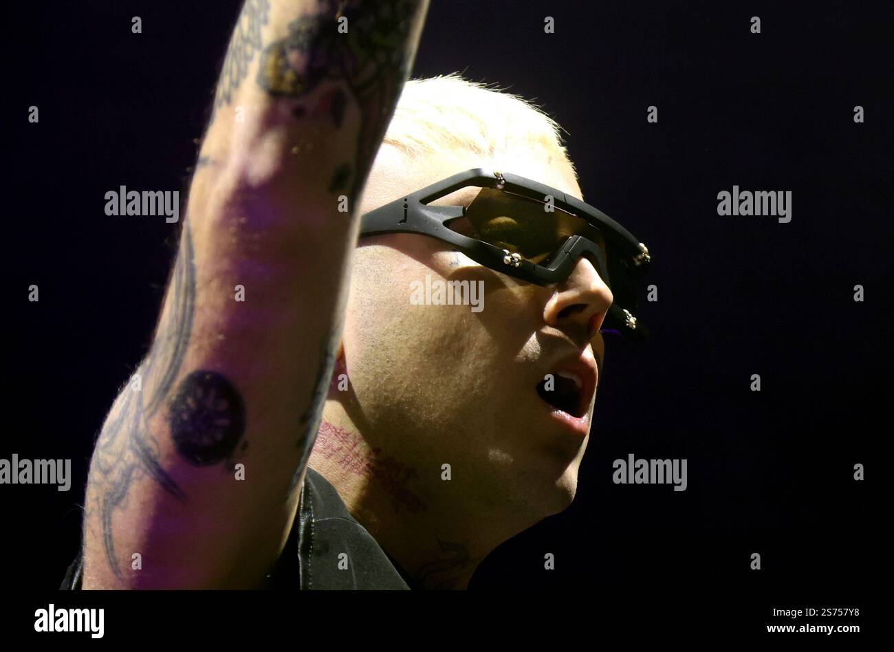 Italian rapper Lazza performing on stage during his Locura Tour 2025 at ...