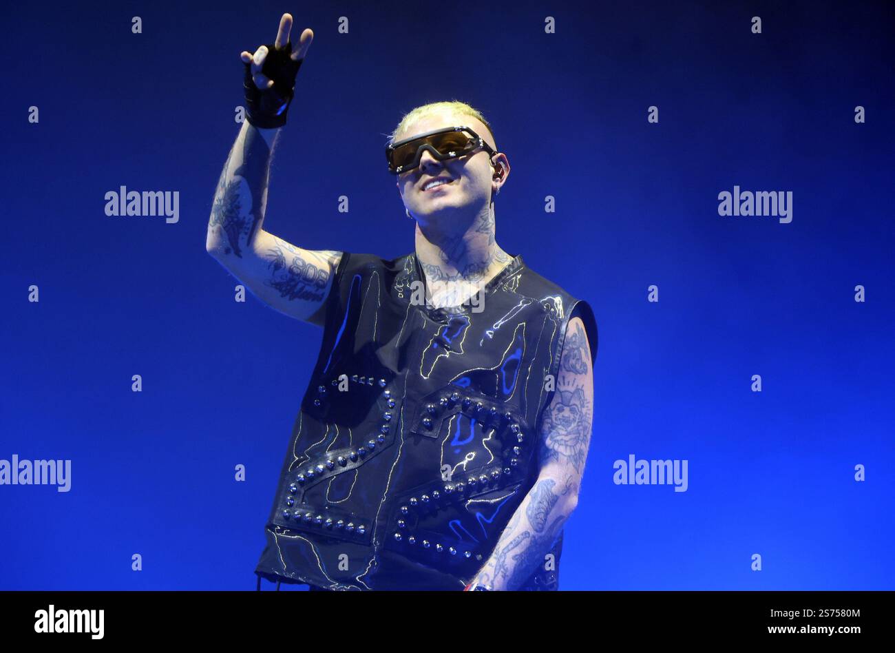 Italian rapper Lazza performing on stage during his Locura Tour 2025 at ...