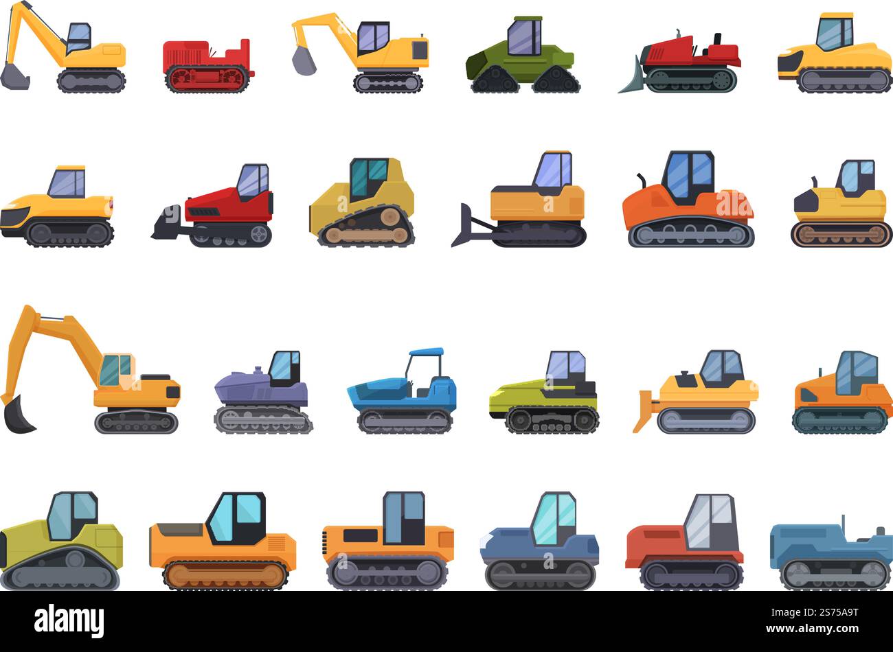 Crawler icons set cartoon vector. Construction vehicle. Crane machine ...
