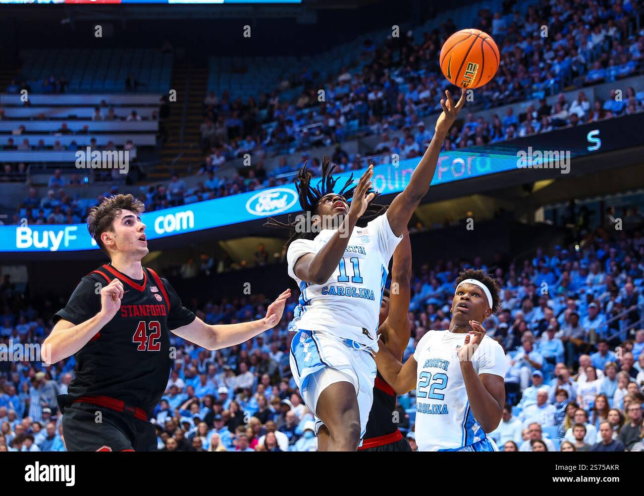 January 18, 2025: North Carolina freshman Ian Jackson (11) goes up for ...