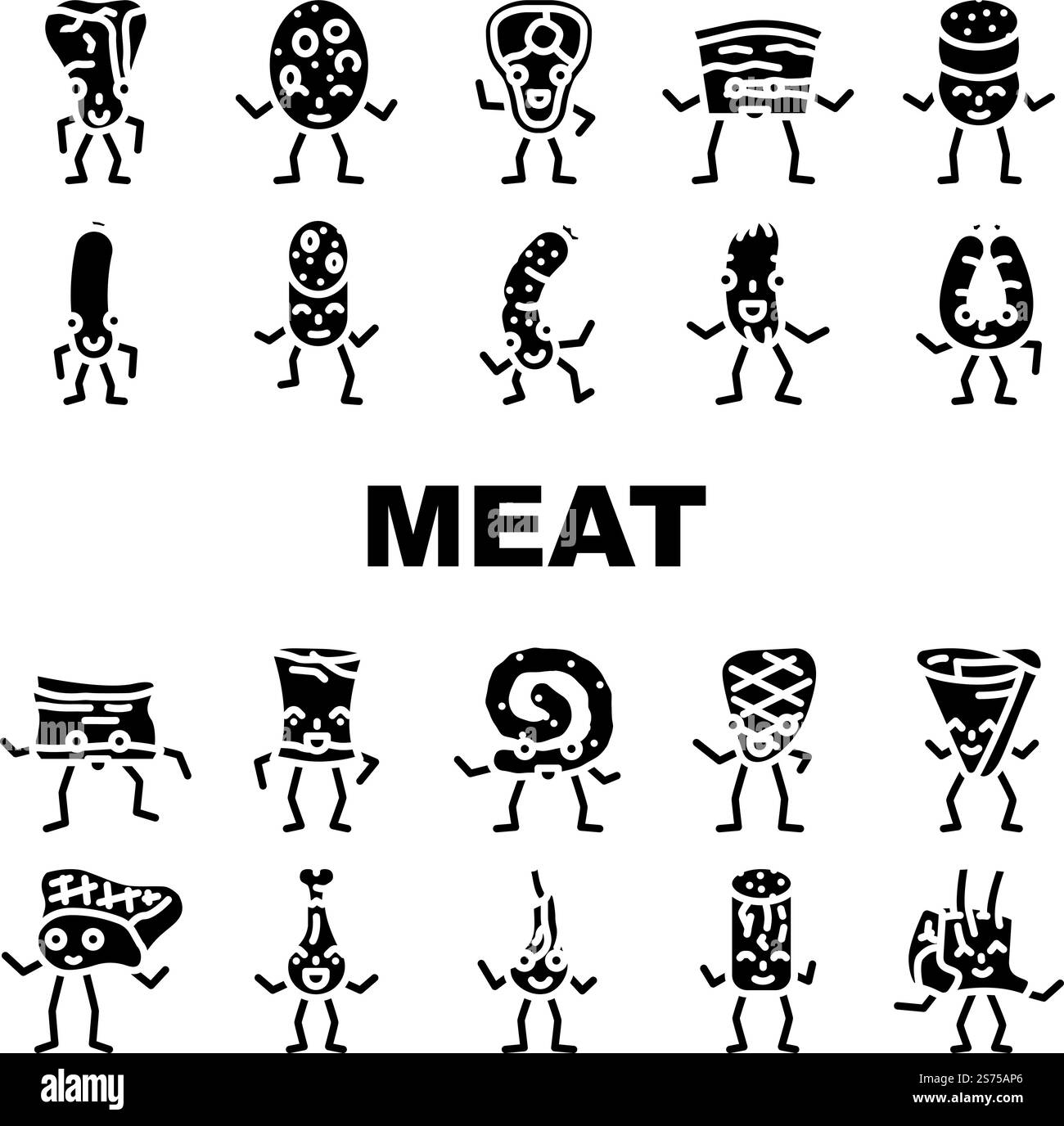 meat character food meal icons set vector. funny cute, beef happy, face ...