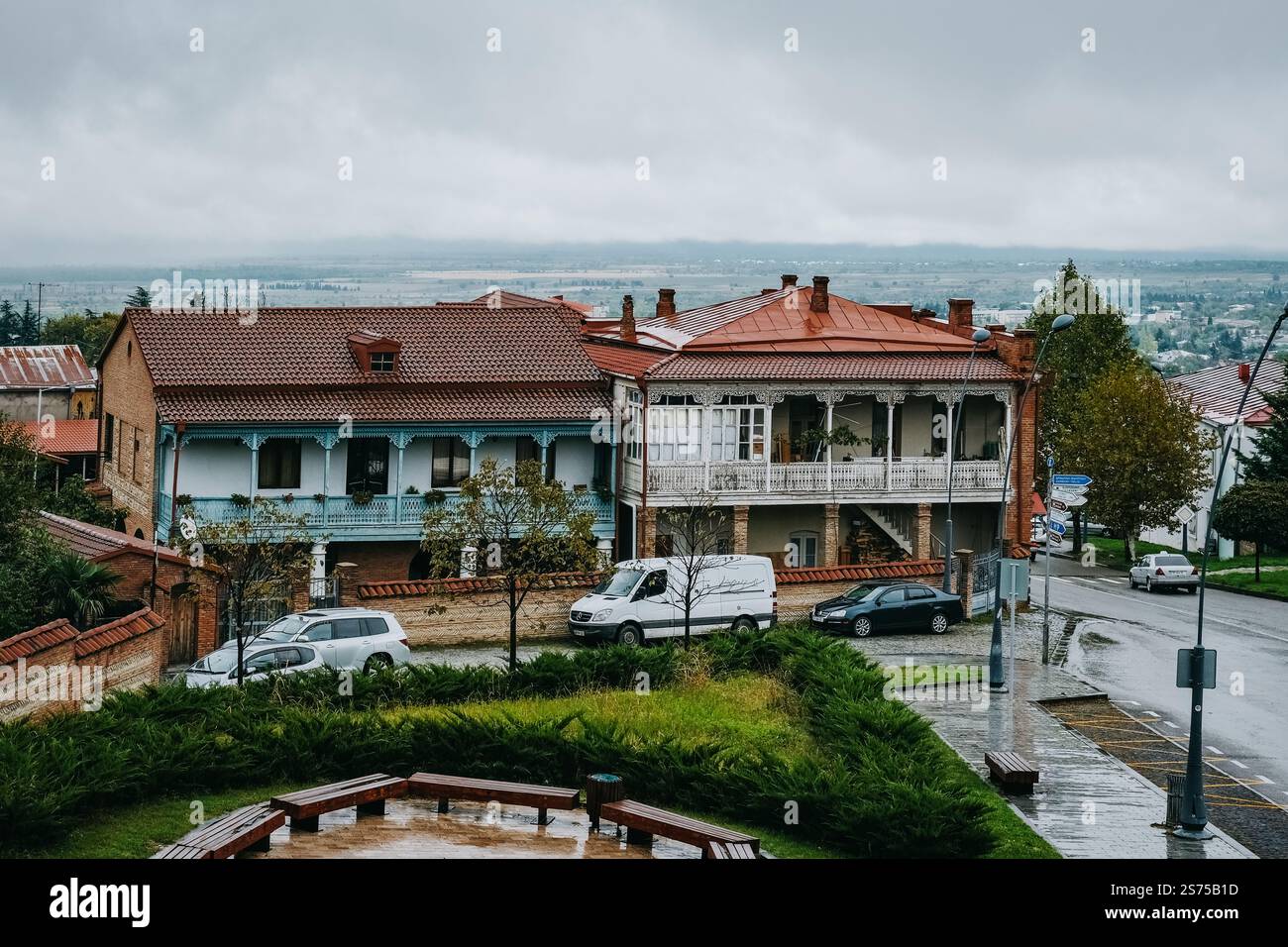 View on georgian traditional houses with their carved wooden balconies ...