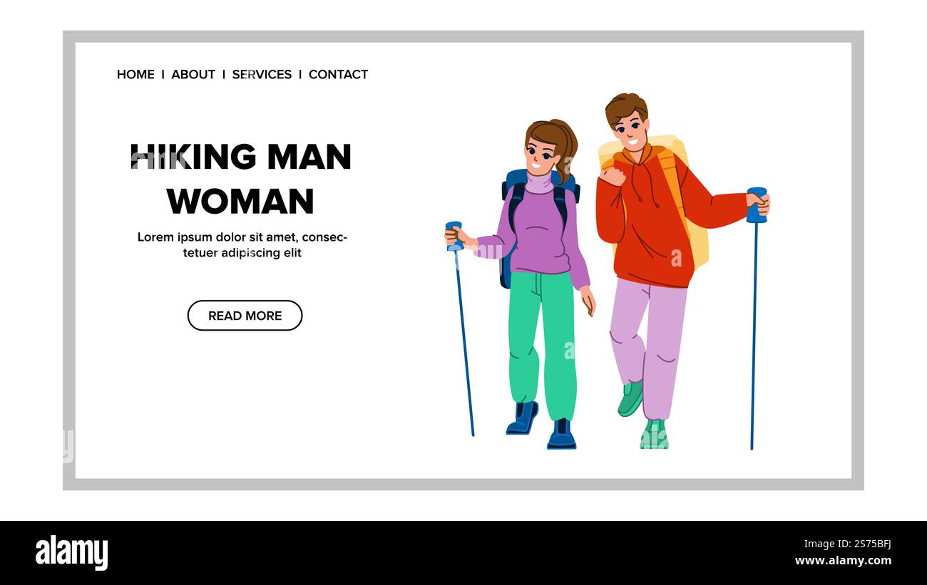 hiking man woman vector. nature adventure, hike travel, backpack walking, couple lifestyle ...