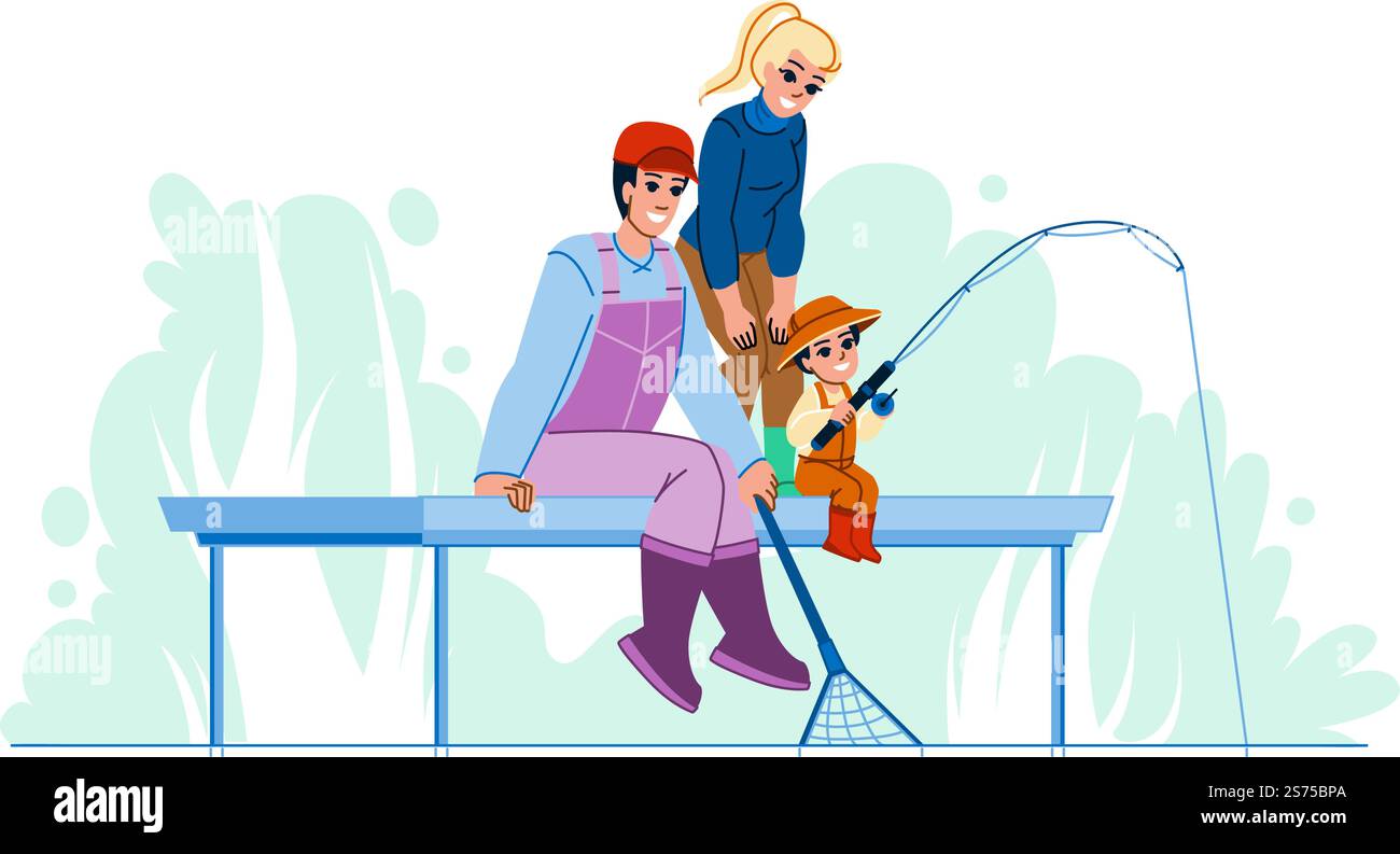 family fishing vector. father lake, summer son, outdoors river, nature ...
