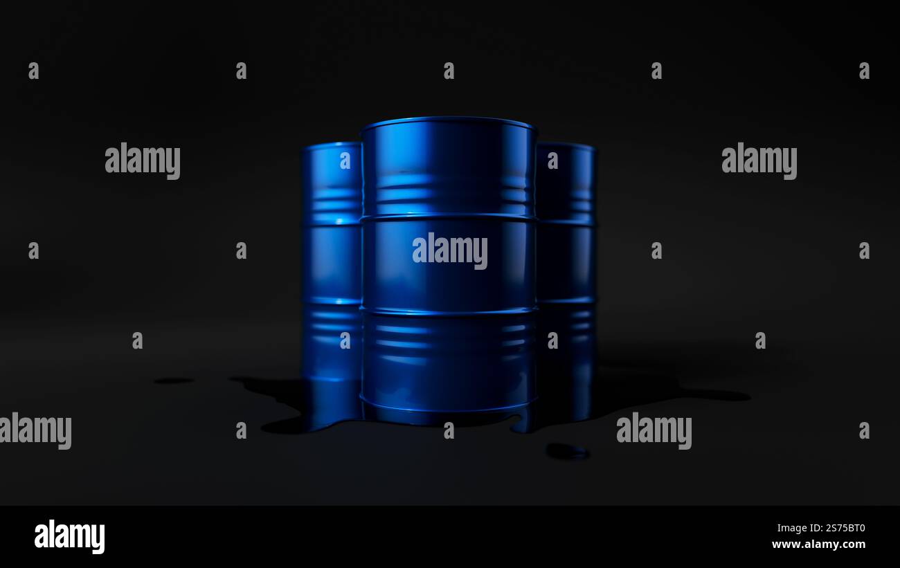 Three blue metal oil barrels stand on spilled puddle of crude oil on ...
