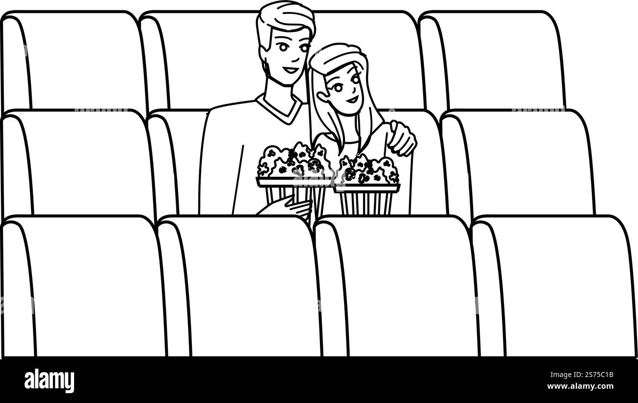 couple cinema line pencil drawing vector. movie theater watching ...