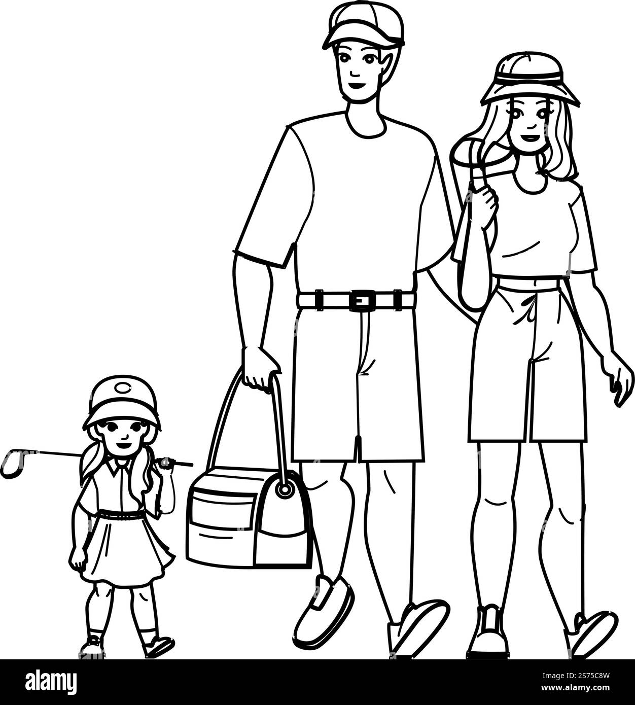 family golf line pencil drawing vector. outdoors course, happy activity ...