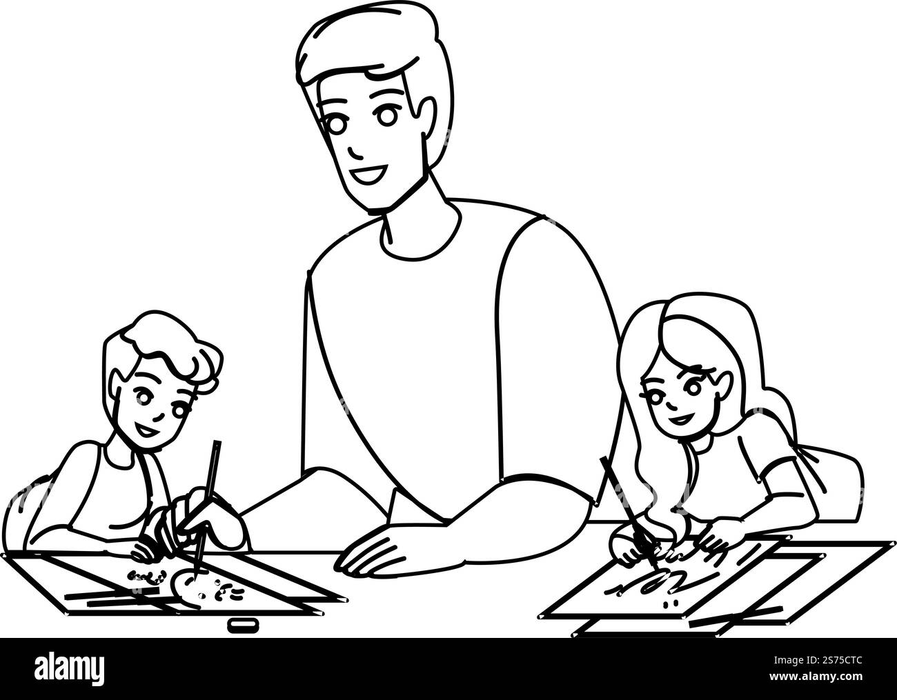 Family drawing line pencil drawing vector father son daughter child hi ...
