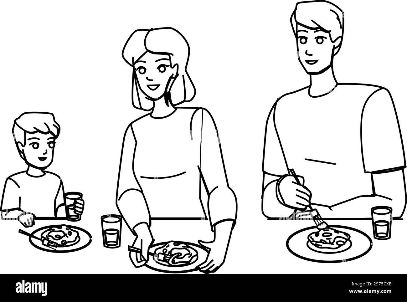 family eating dinner line pencil drawing vector. dinner lunch food ...