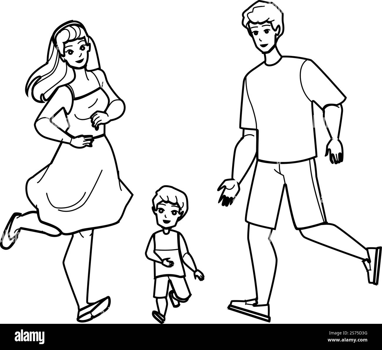 family running line pencil drawing vector. happy together, run fun ...