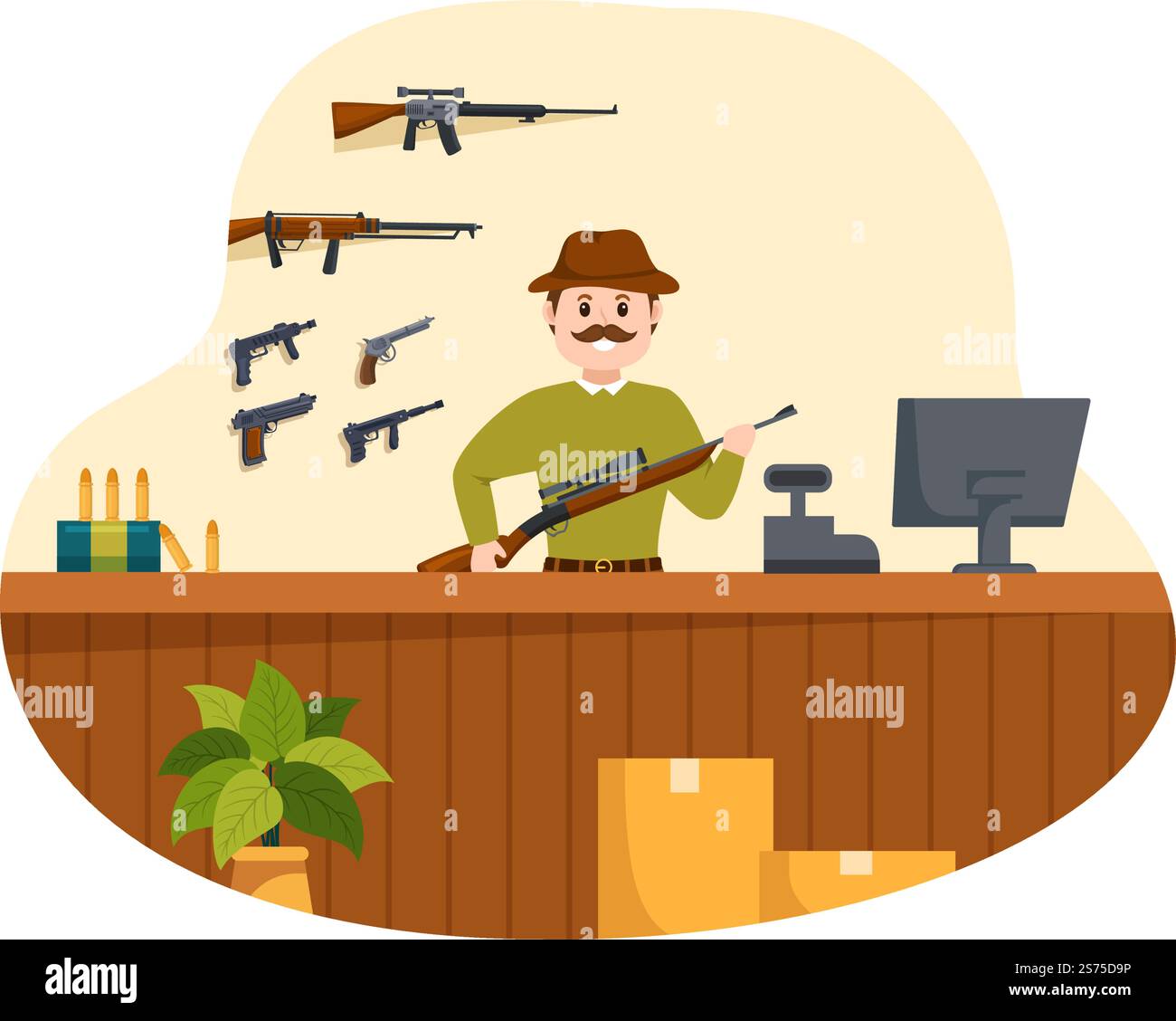Gun Shop or Hunting with Rifle, Bullet, Weapon and Hunt Equipment in ...