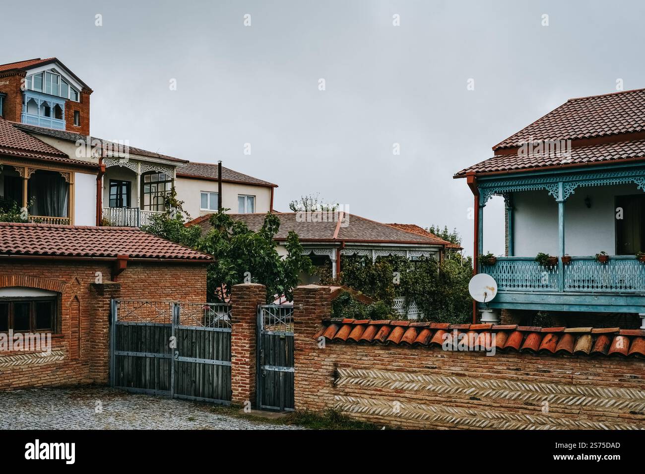 View on georgian traditional houses with their carved wooden balconies ...