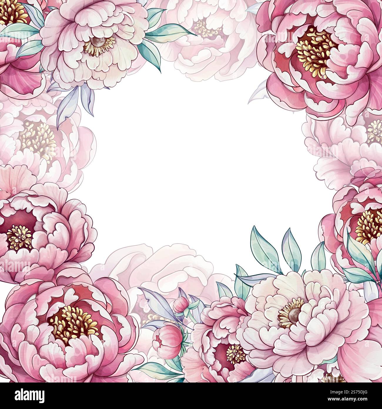 Delicate pink peonies in watercolor style create a beautiful border ...
