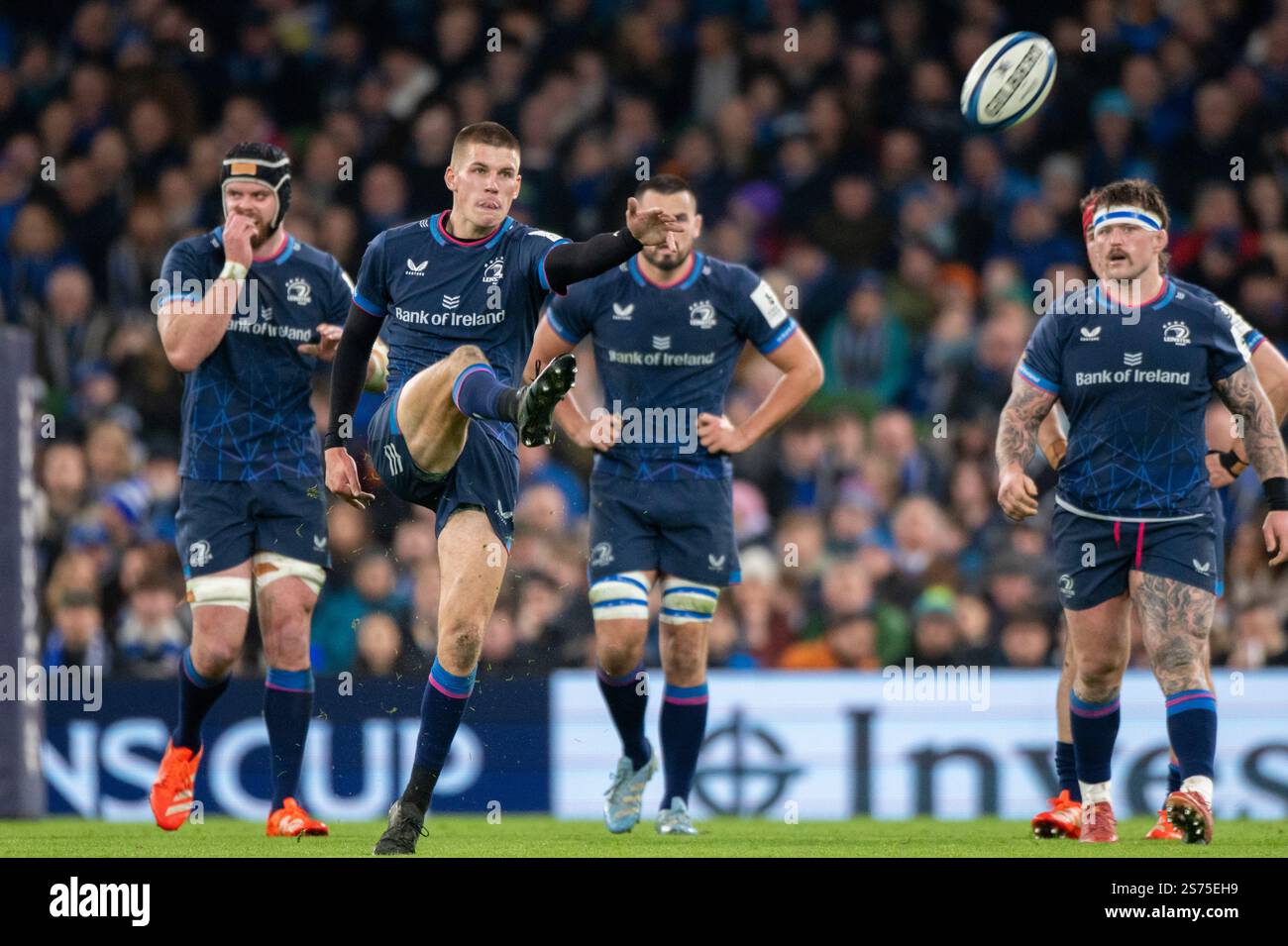 Dublin, Ireland. 18th Jan, 2025. Sam Prendergast of Leinster kicks the ...