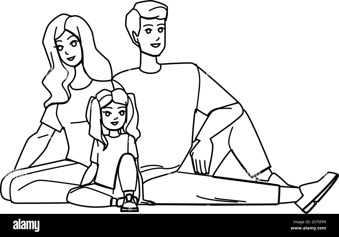 family yellow line pencil drawing vector. happy girl, child daughter ...