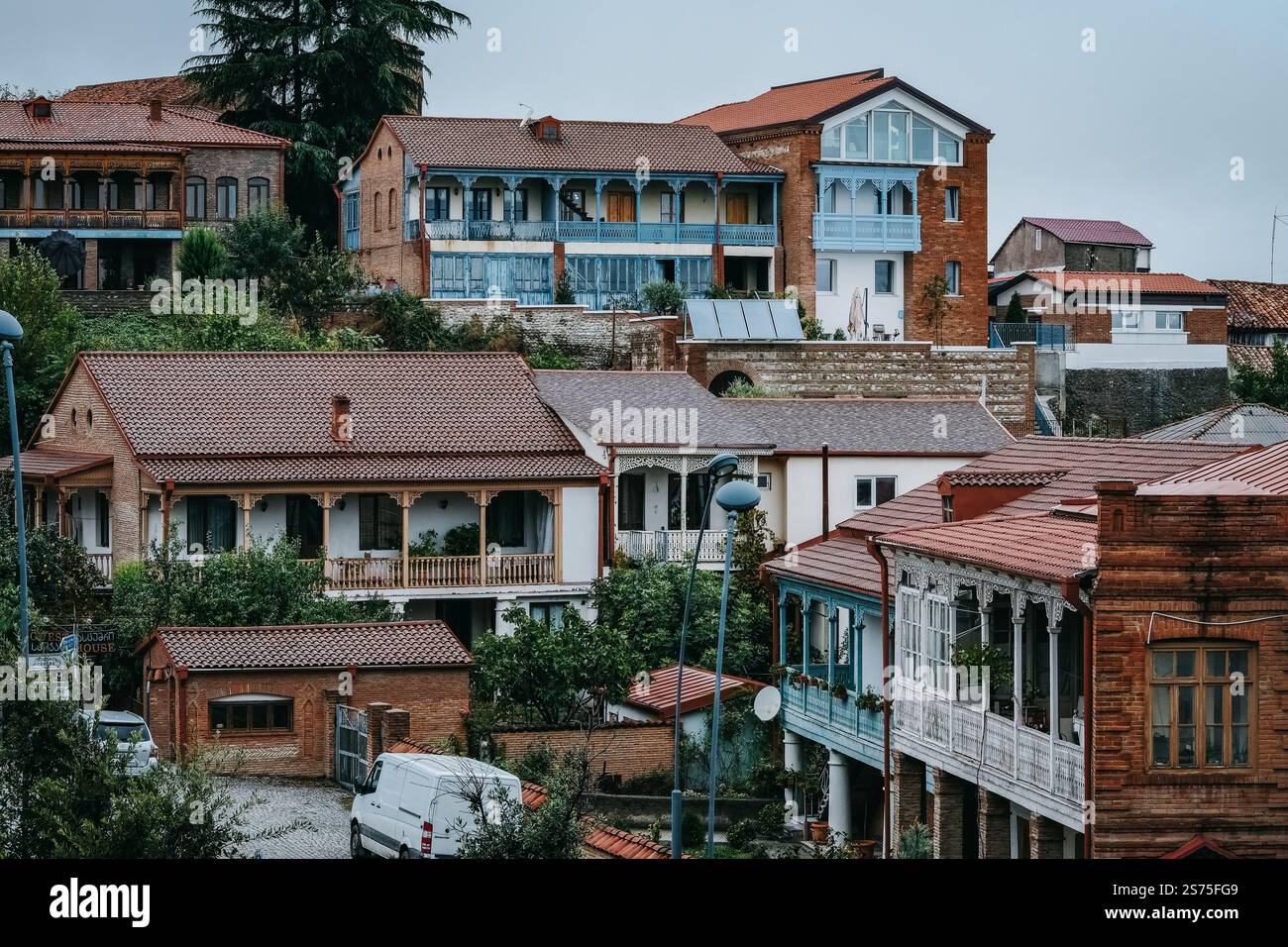 View on georgian traditional houses with their carved wooden balconies ...