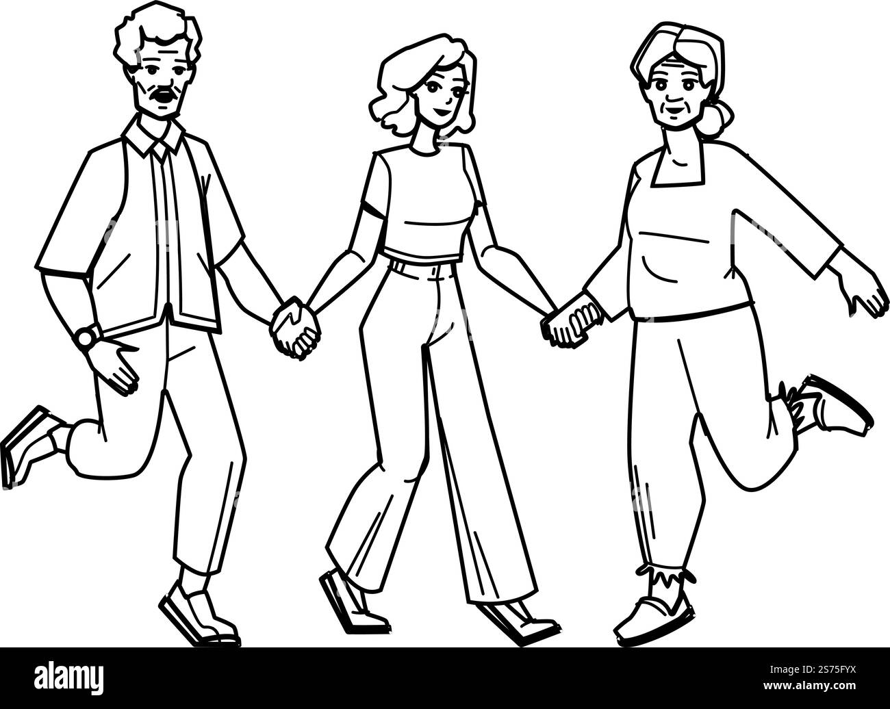family with grandparents line pencil drawing vector. happy girl ...