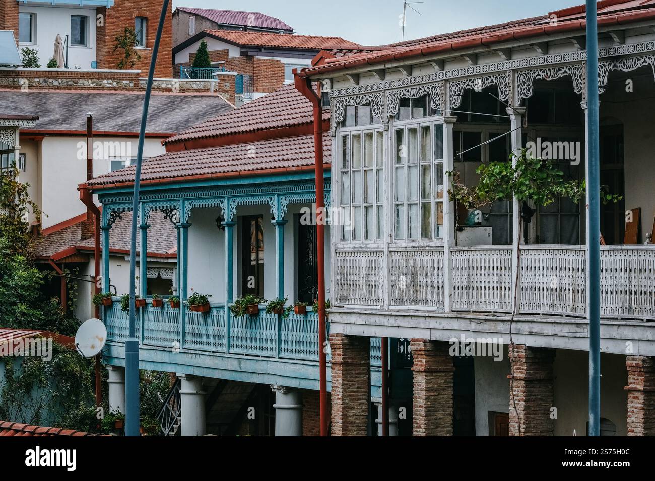 View on georgian traditional houses with their carved wooden balconies ...
