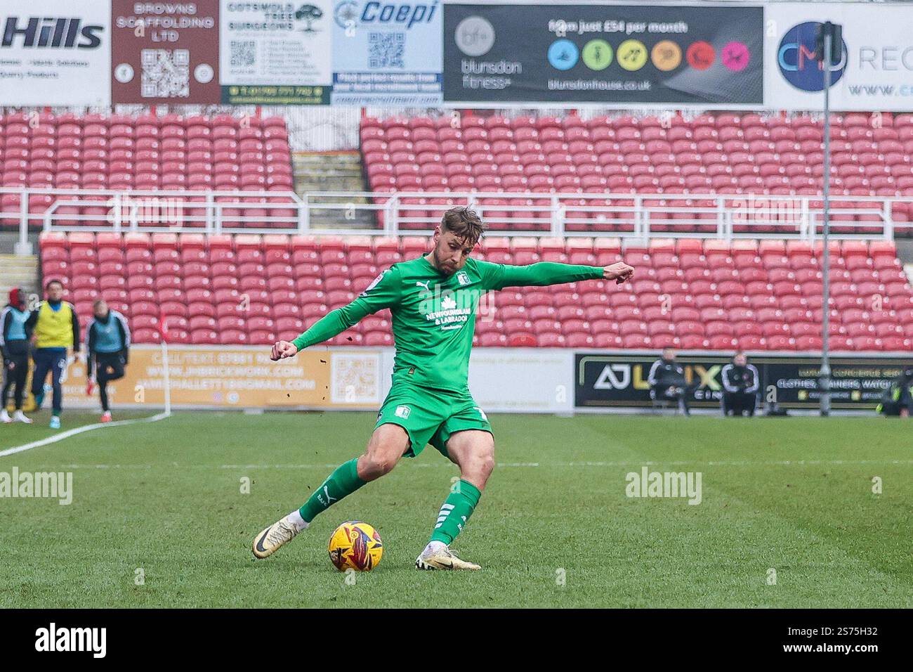 Swindon, UK. 18th Jan 2025. #16, Sam Foley of Barrow AFC in action ...