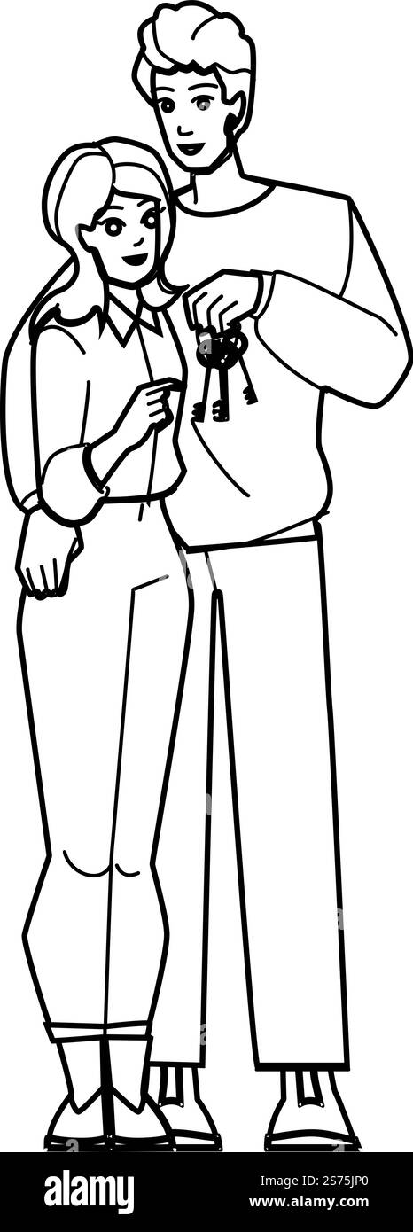 couple buing home line pencil drawing vector. happy together, house ...