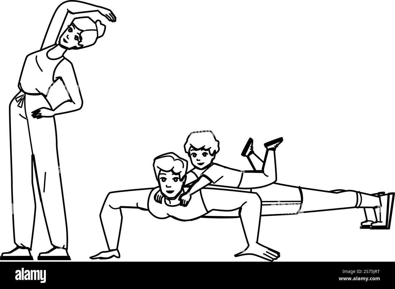 family exercise line pencil drawing vector. together happy, child ...