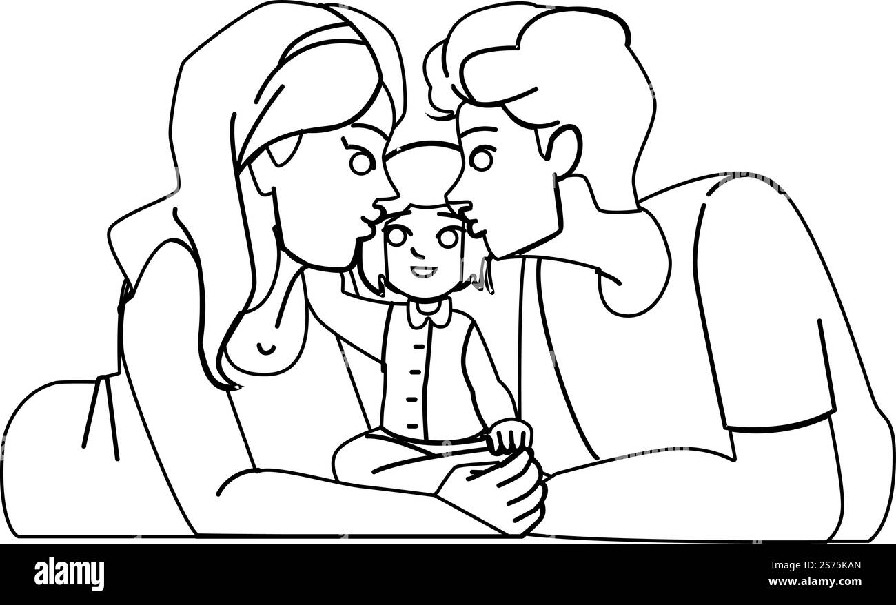 family kiss line pencil drawing vector. child, mother love, happy fun ...