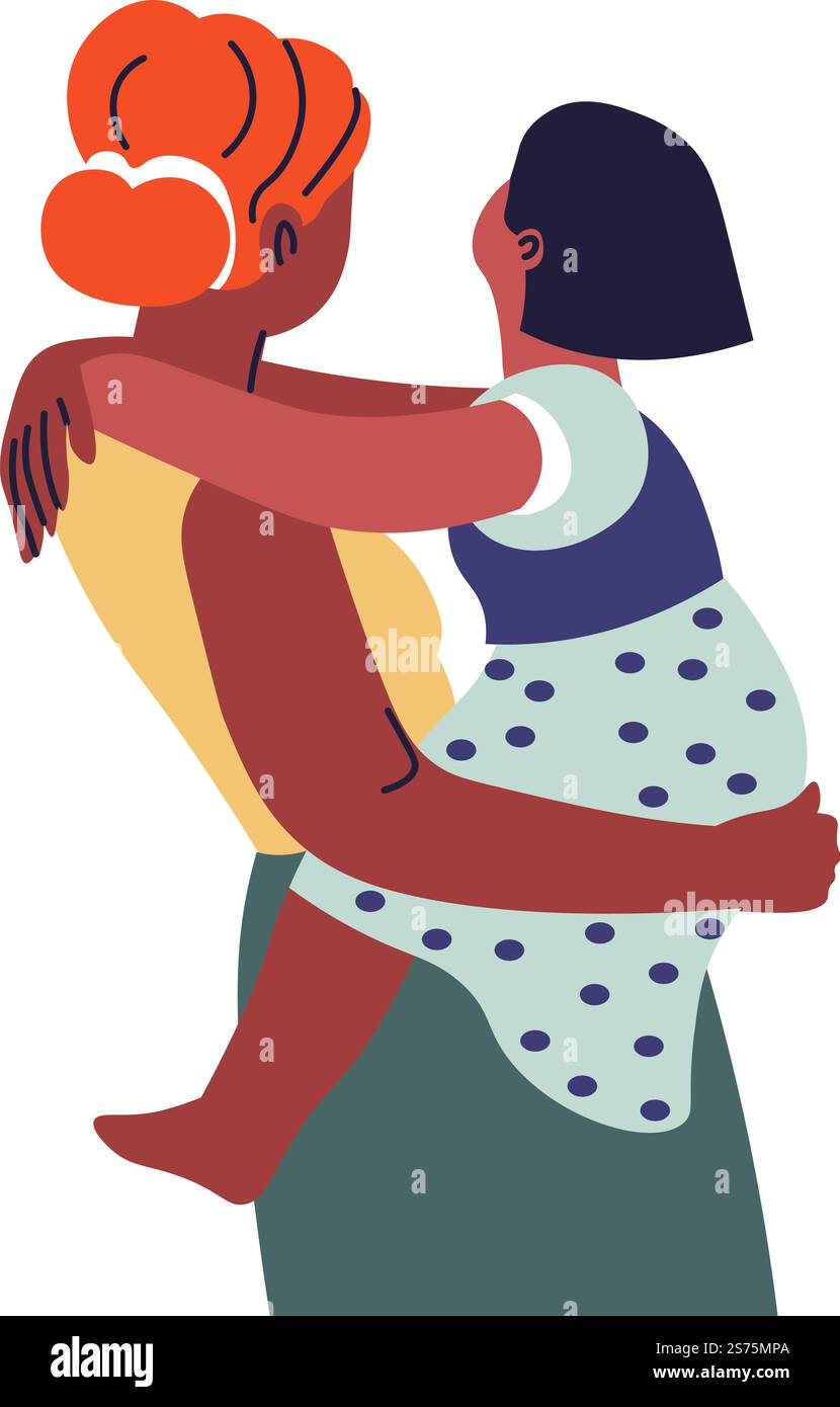 Female character holding kid in hands, isolated woman with kiddo. Mom and daughter cuddling and ...