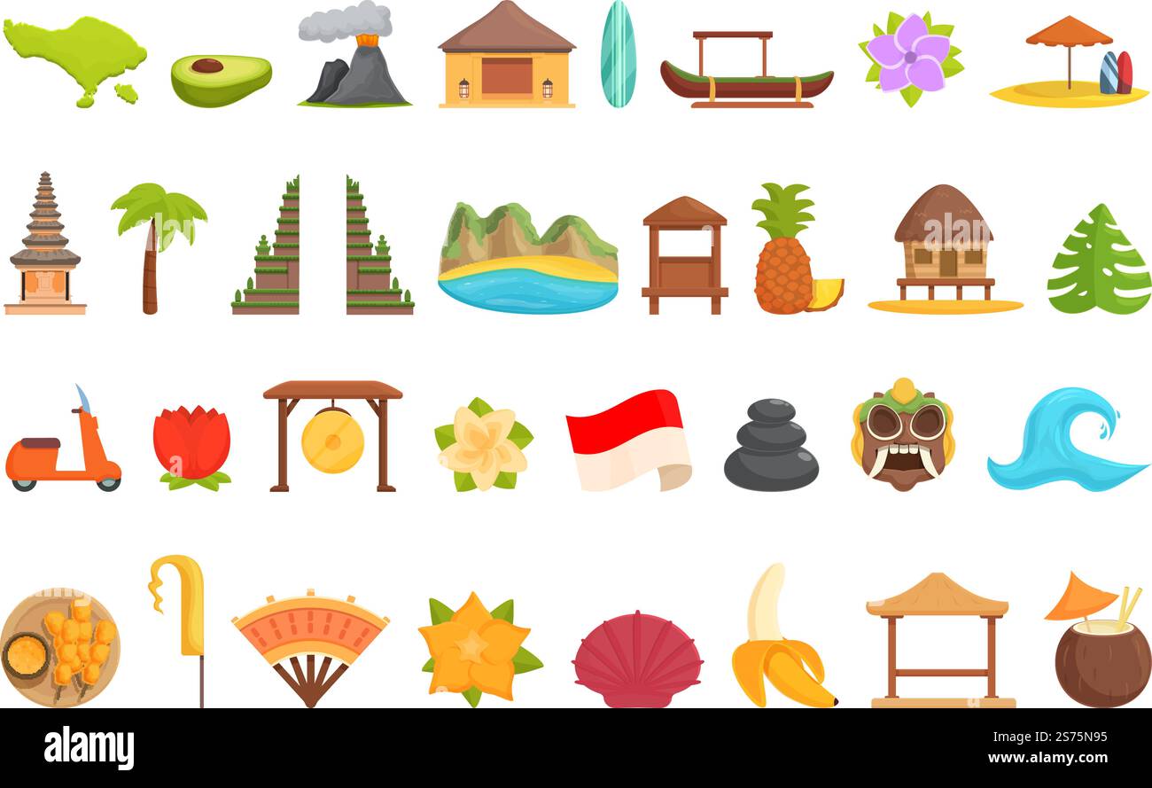 Bali icons set cartoon vector. Indonesia flower. Summer travel. Bali ...