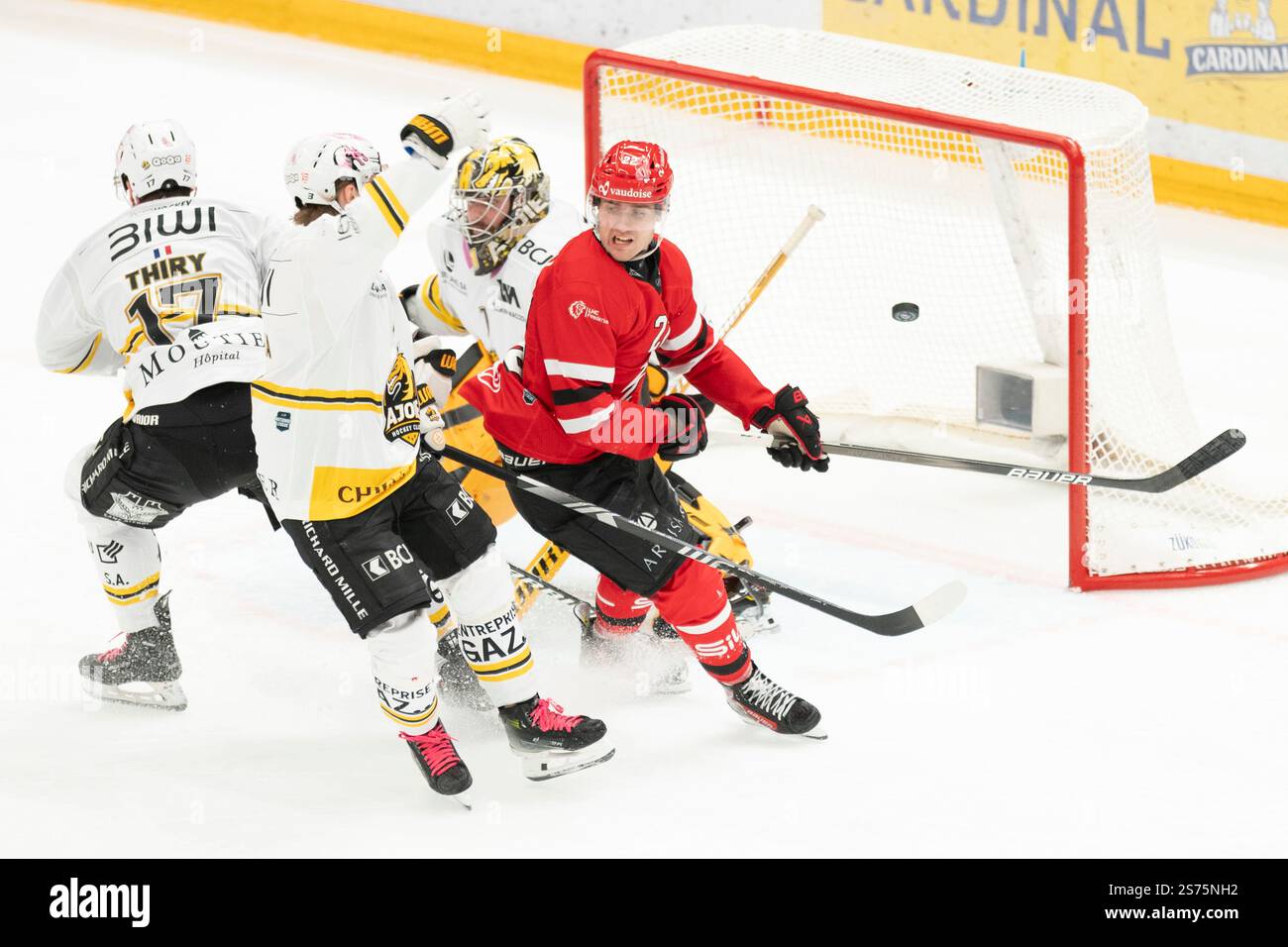 Lausanne, Switzerland. , . Benjamin Conz (goalkeeper) of HC Ajoie #1 ...