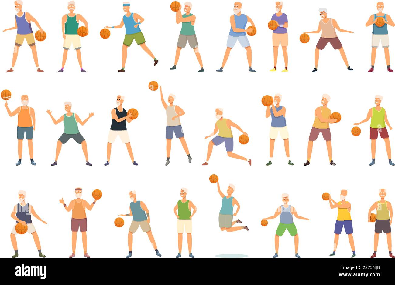 Older people play basketball icons set cartoon vector. Old sport. Old ...