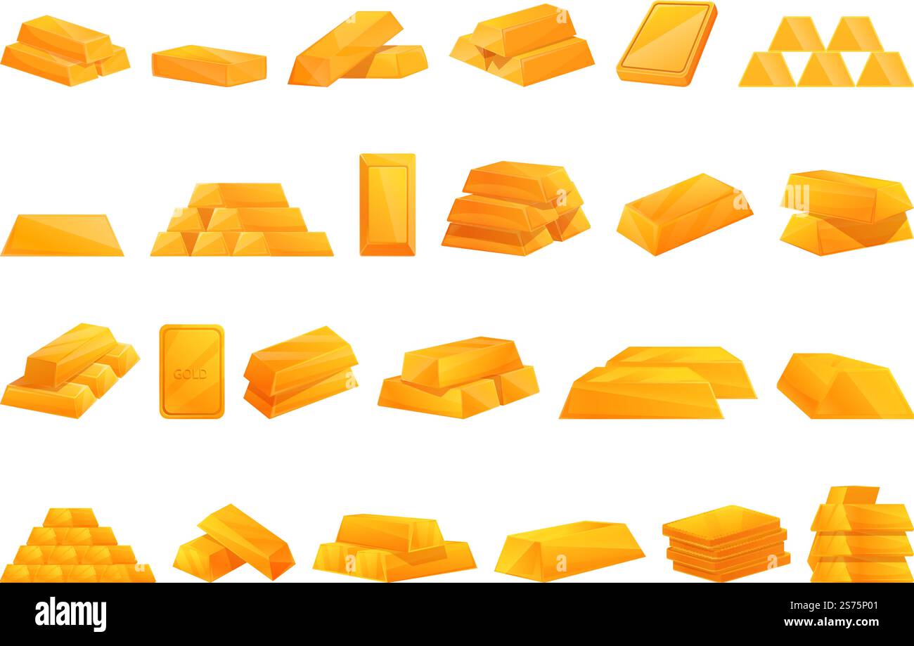 Ingot of gold icons set cartoon vector. Money coin. Chinese gold. Ingot ...