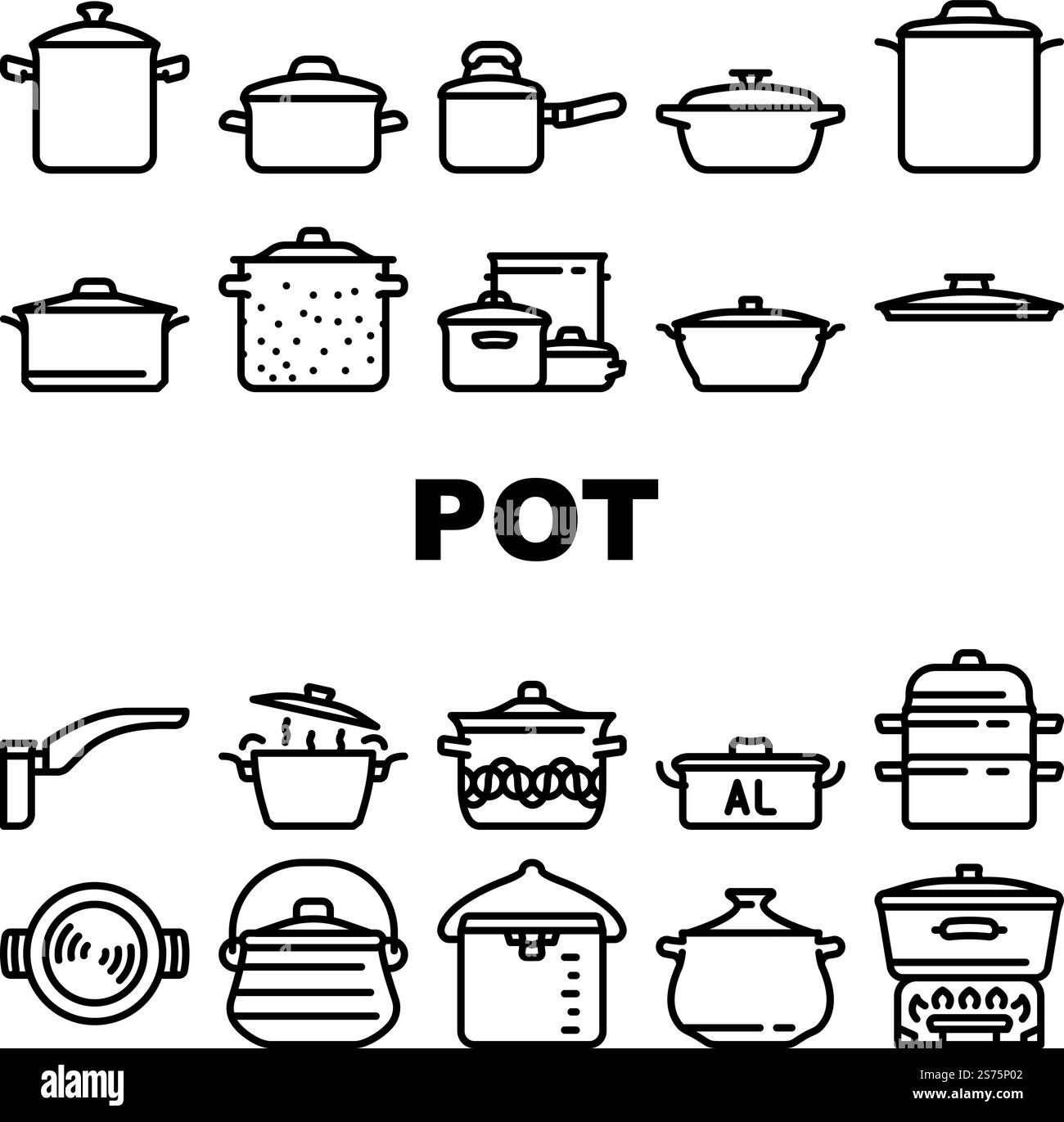 pot kitchen food pan cooking icons set vector. cook soup, saucepan lid ...