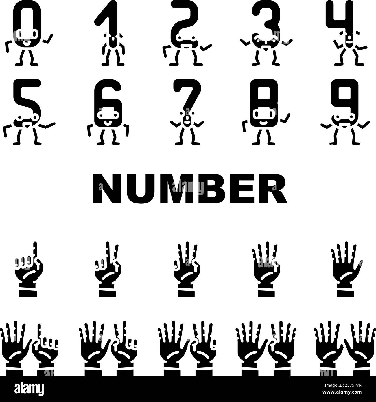 number character cute icons set vector. font funny, school design, fun ...