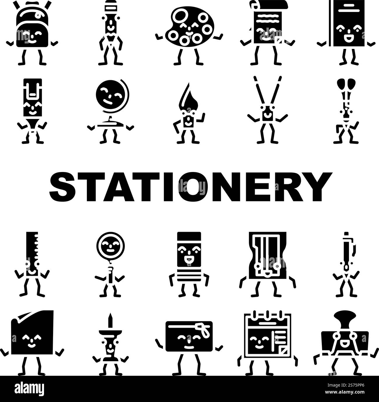 stationery character school icons set vector. pencil, education cute ...