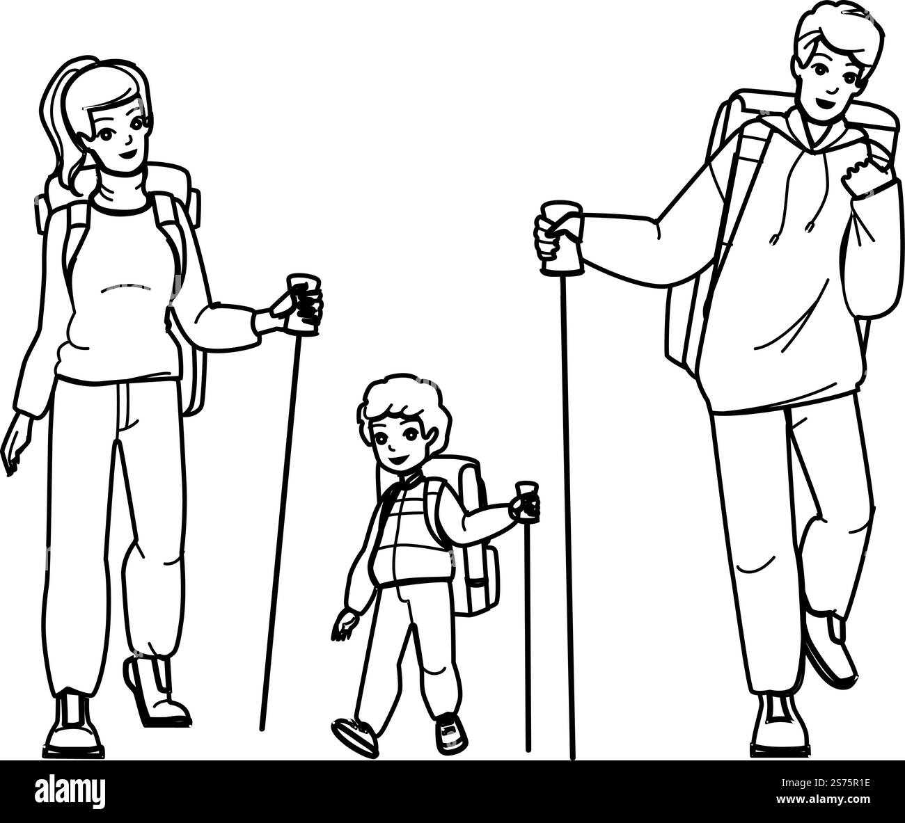 family hiking line pencil drawing vector. boy son, adventure father ...
