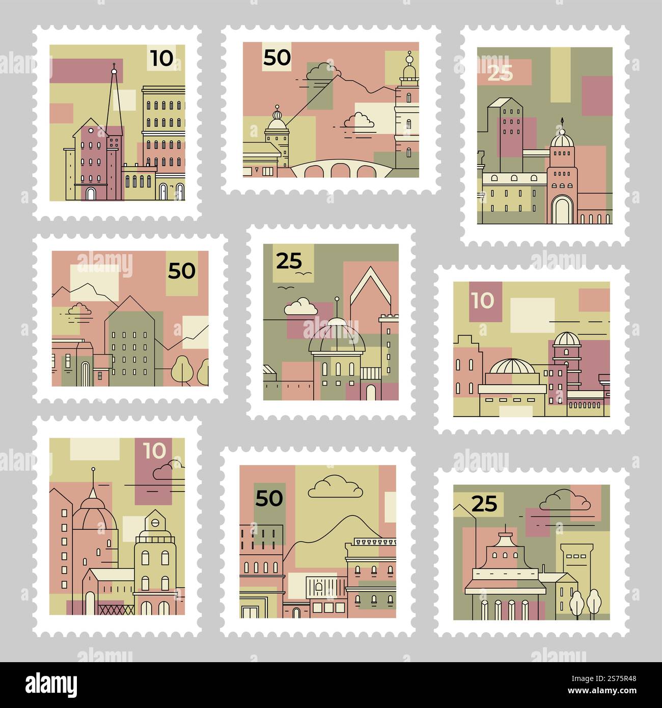Colorful postage stamp set with line architecture. Post mark collection ...