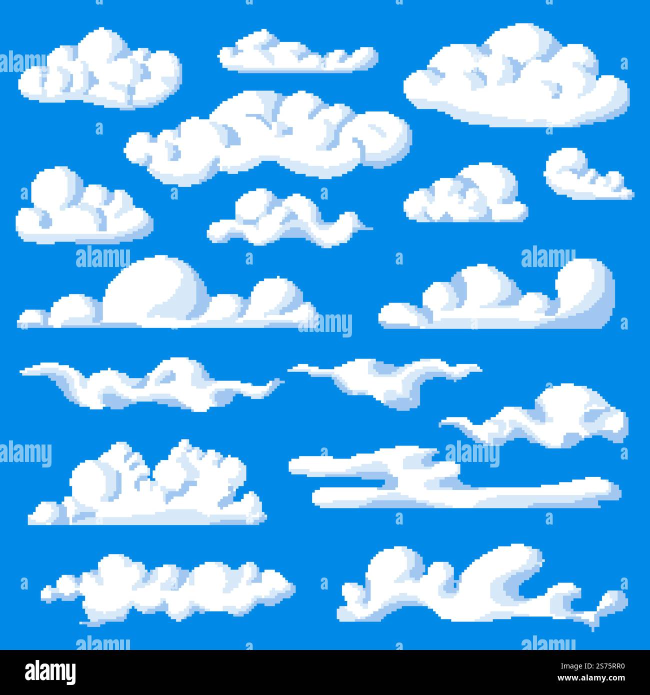 Pixel cloudscape, cloud masses at blue sky. Pixelated icons for game ...