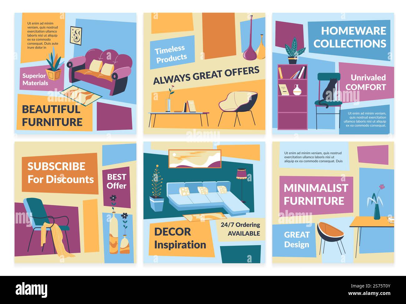 Social media web page set for furniture store. Interior decoration ...