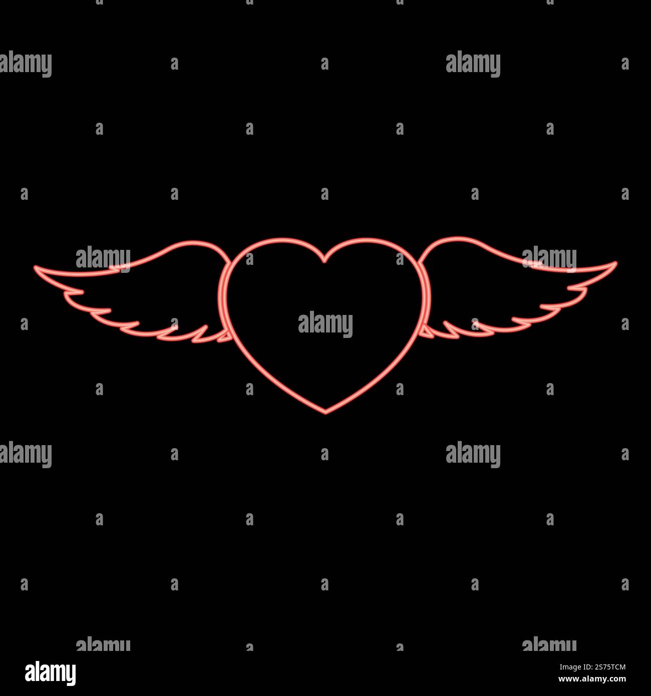 Neon heart with angel wings flying feather red color vector ...
