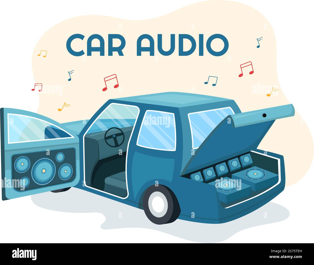 Car Audio with Loud Speakers, Sound System or Music Automobile in Flat ...